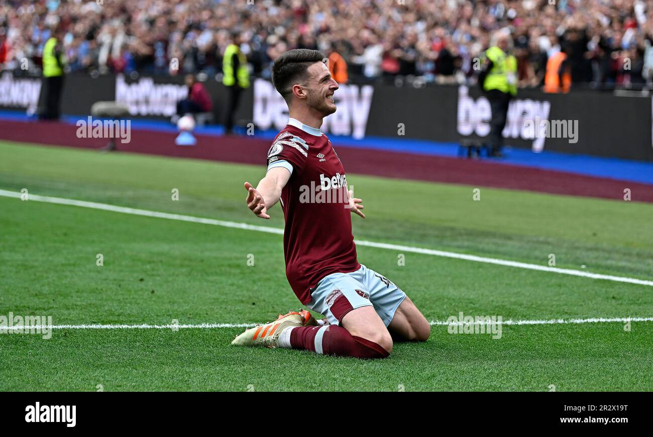 London, UK. 21st May, 2023. GOAL. Declan Rice (West Ham) slides as he ...