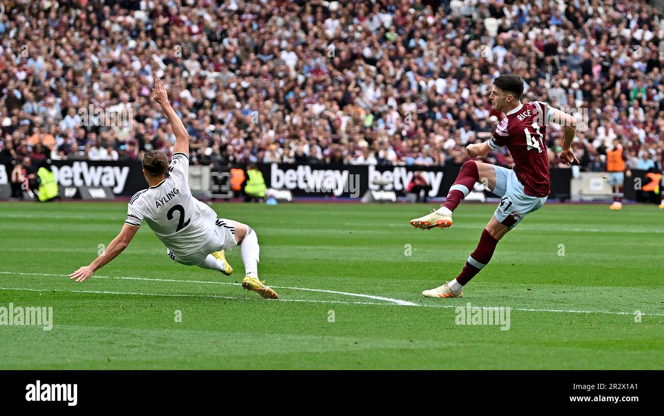 London, UK. 21st May, 2023. Declan Rice (West Ham) has a shot blocked ...