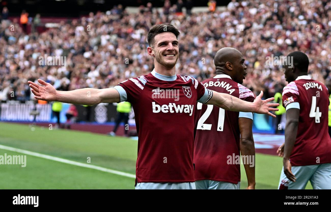 London, UK. 21st May, 2023. GOAL. Declan Rice (West Ham)celebrates ...