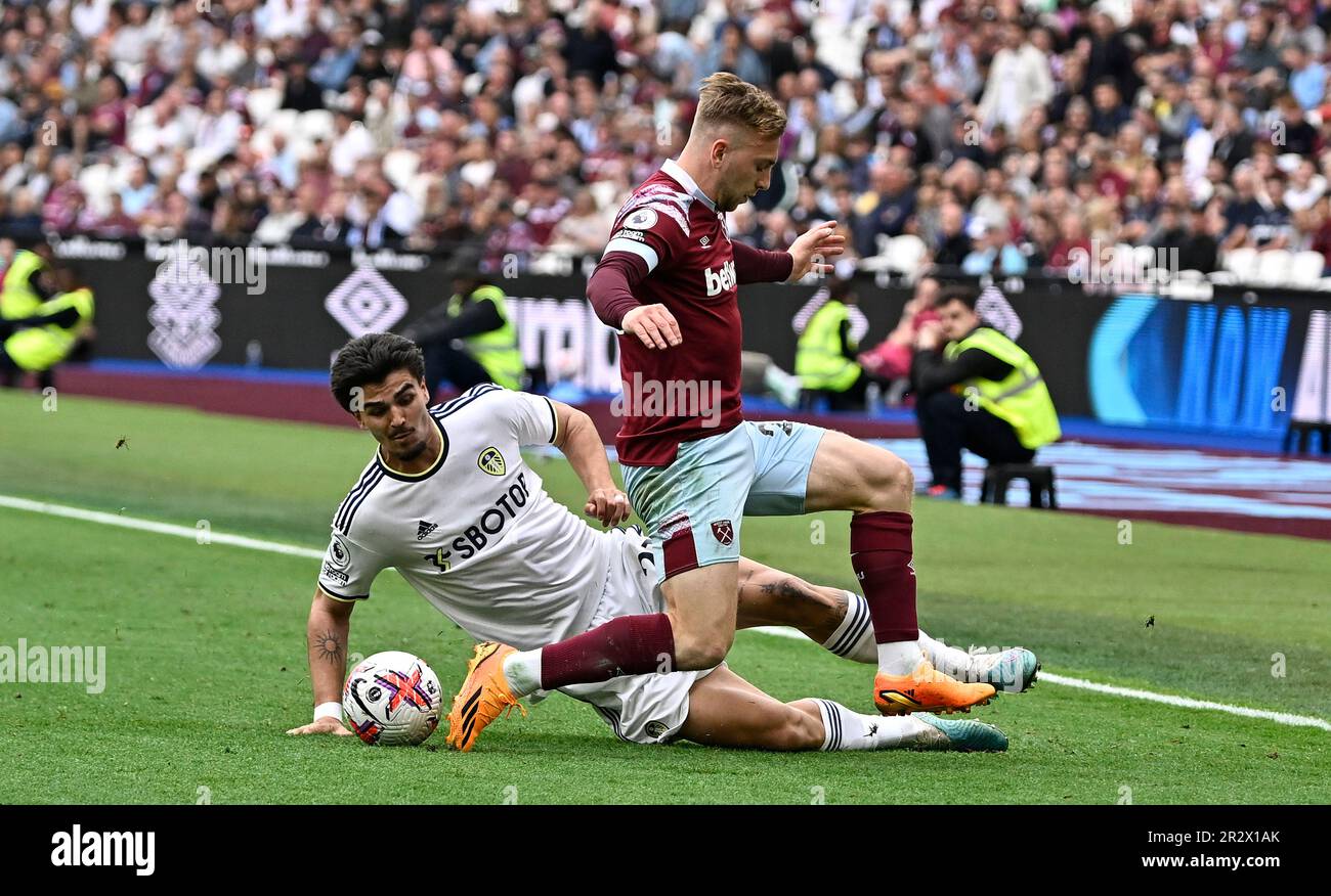 London, UK. 21st May, 2023. Jarrod Bowen (West Ham) is tackled by ...
