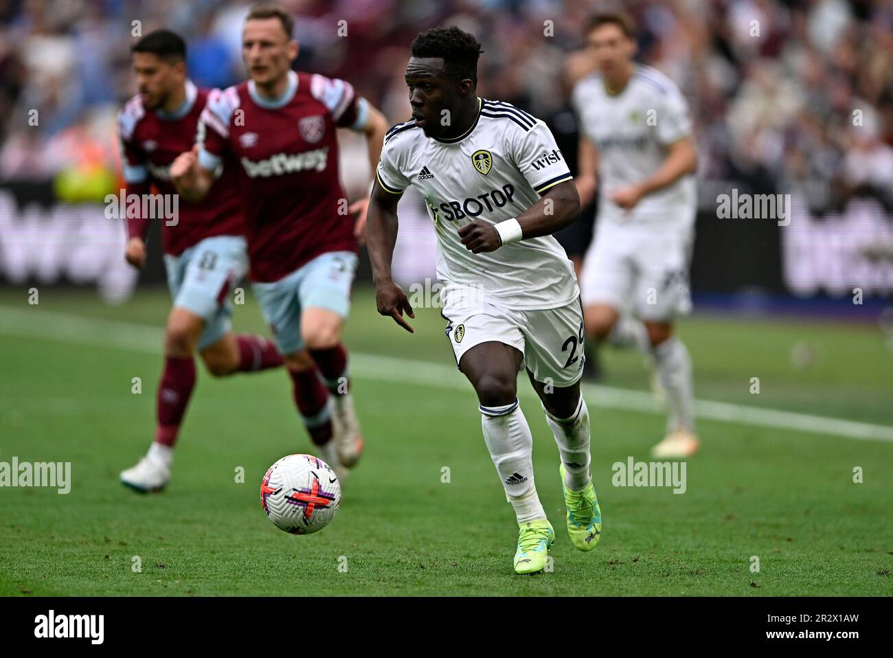 London, UK. 21st May, 2023. Wilfried Gnonto (Leeds) during the West Ham ...