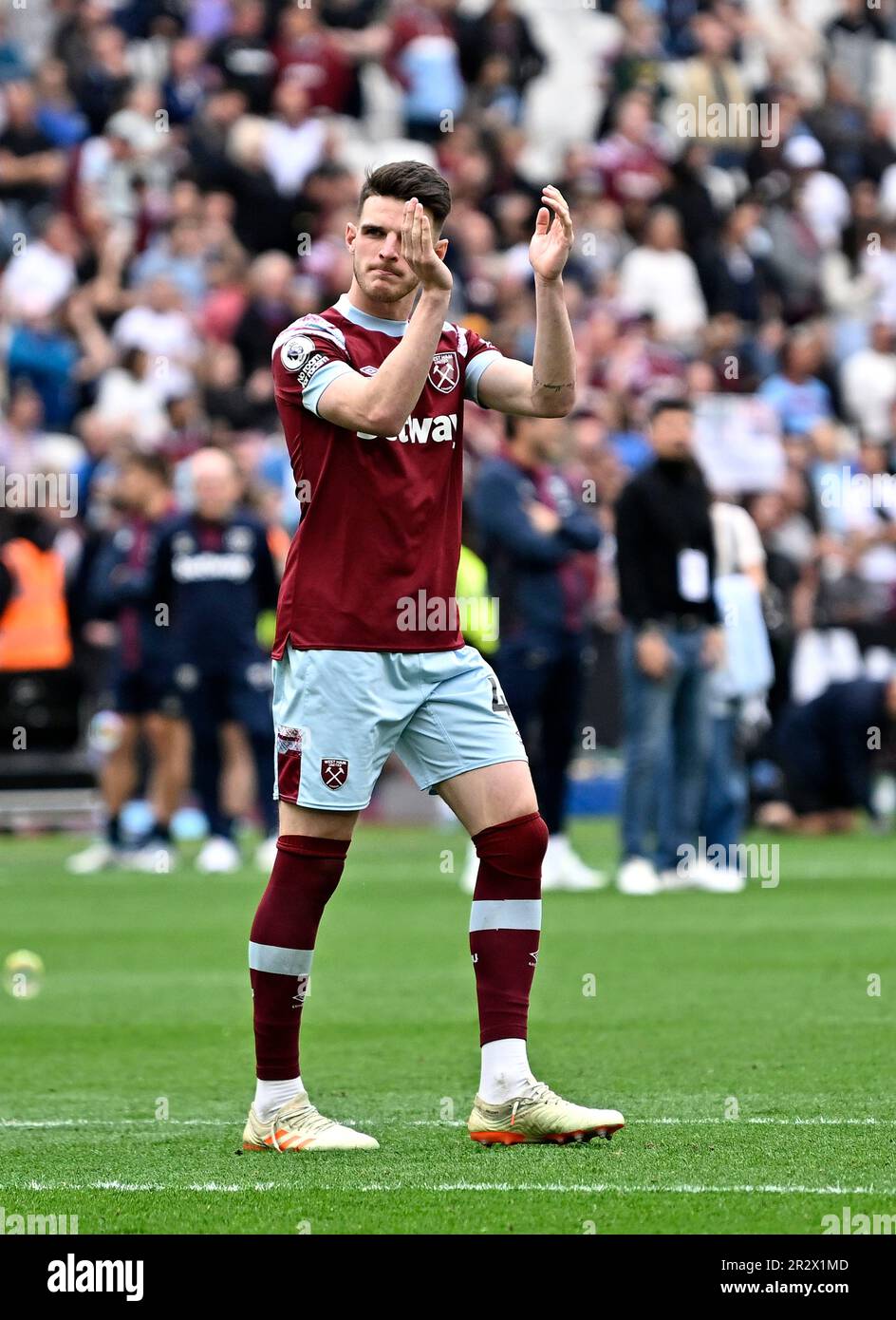 London, UK. 21st May, 2023. Declan Rice (West Ham) on the players lap ...
