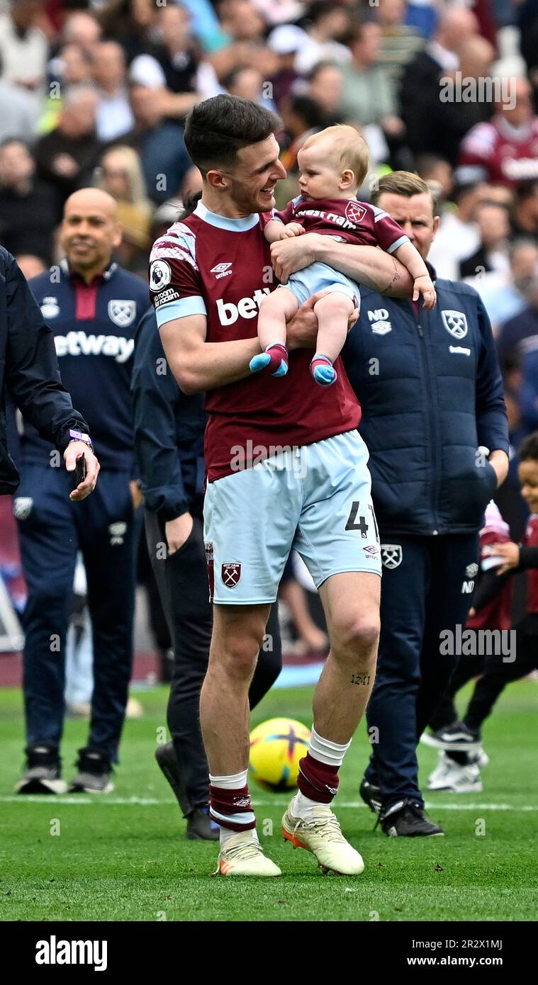 London, UK. 21st May, 2023. Declan Rice (West Ham) on the players lap ...