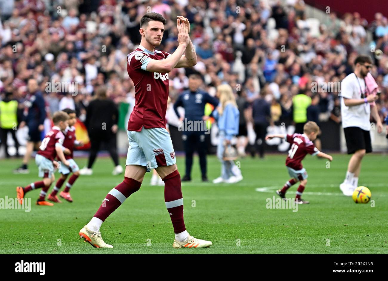 London, UK. 21st May, 2023. Declan Rice (West Ham) on the players lap ...