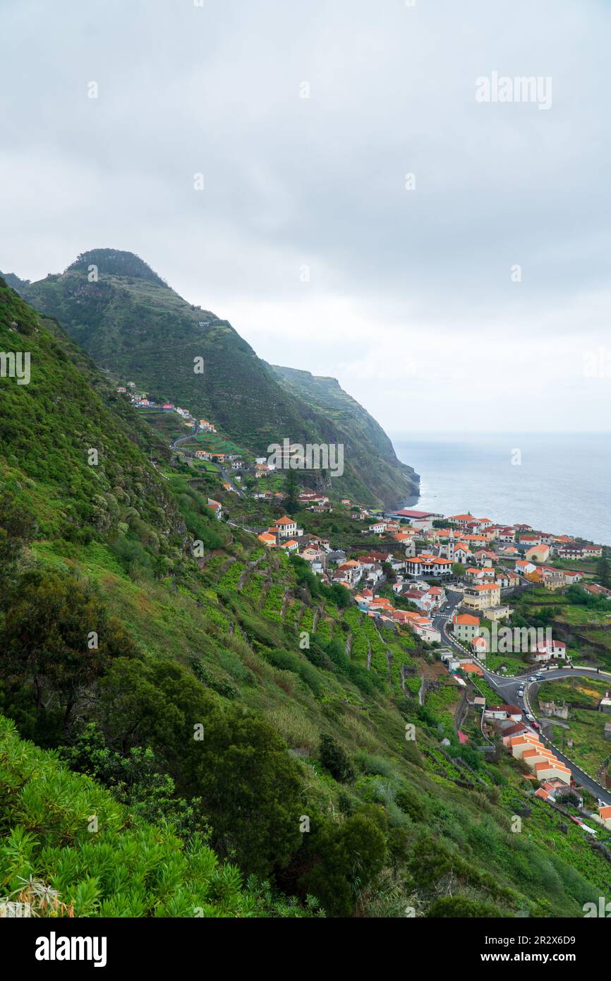 Aerial view of the village of Porto Moniz with lava-rock pool, Madeira ...