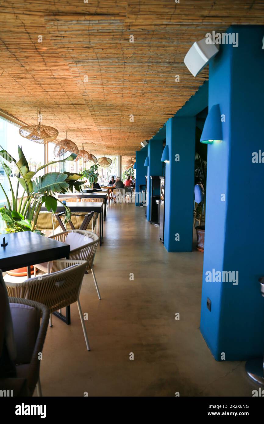 Javea, Alicante, Spain- May 16, 2023: Beach bar Restaurant with ...