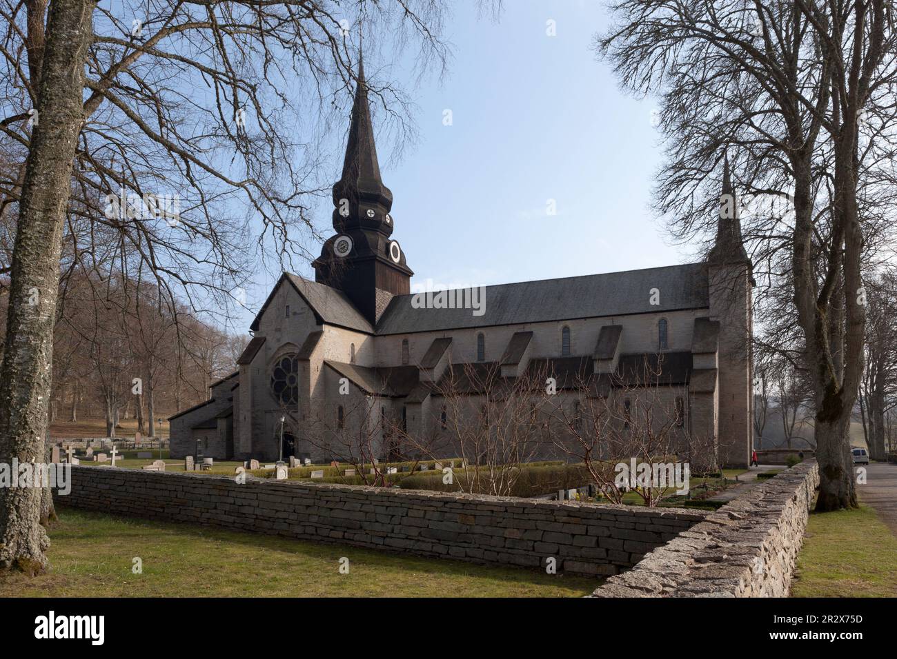 View of the Abbey building, church in Varnhem, Sweden. Stone walls, and ...