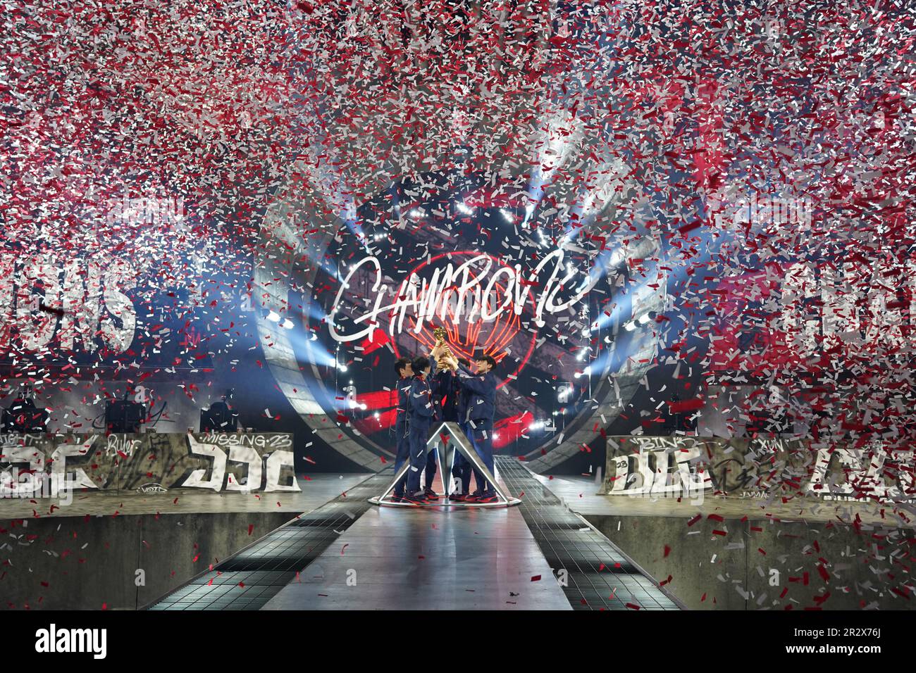 London, UK. 21st May, 2023. Team JD Gaming from China raises the trophy ...