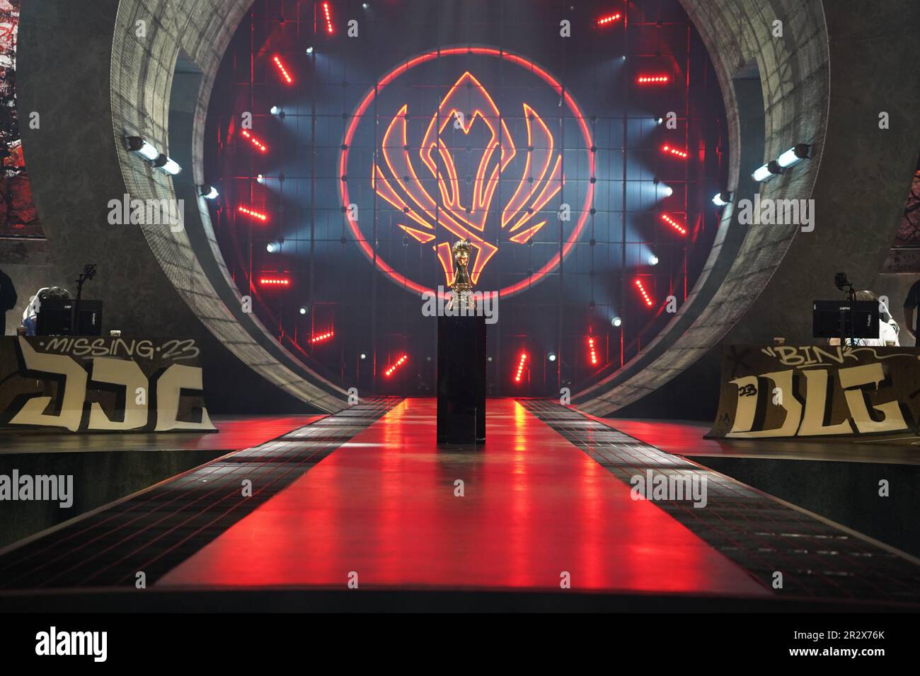 London, UK. 21st May, 2023. The Mid-Season Invitational trophy on stage ...