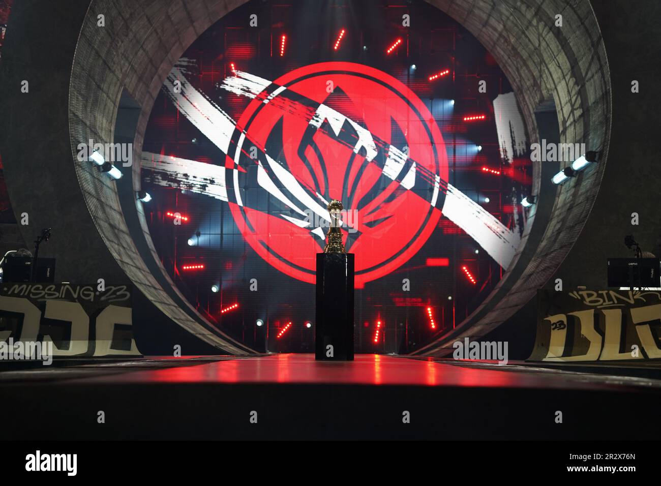 London, UK. 21st May, 2023. The Mid-Season Invitational trophy on stage ...