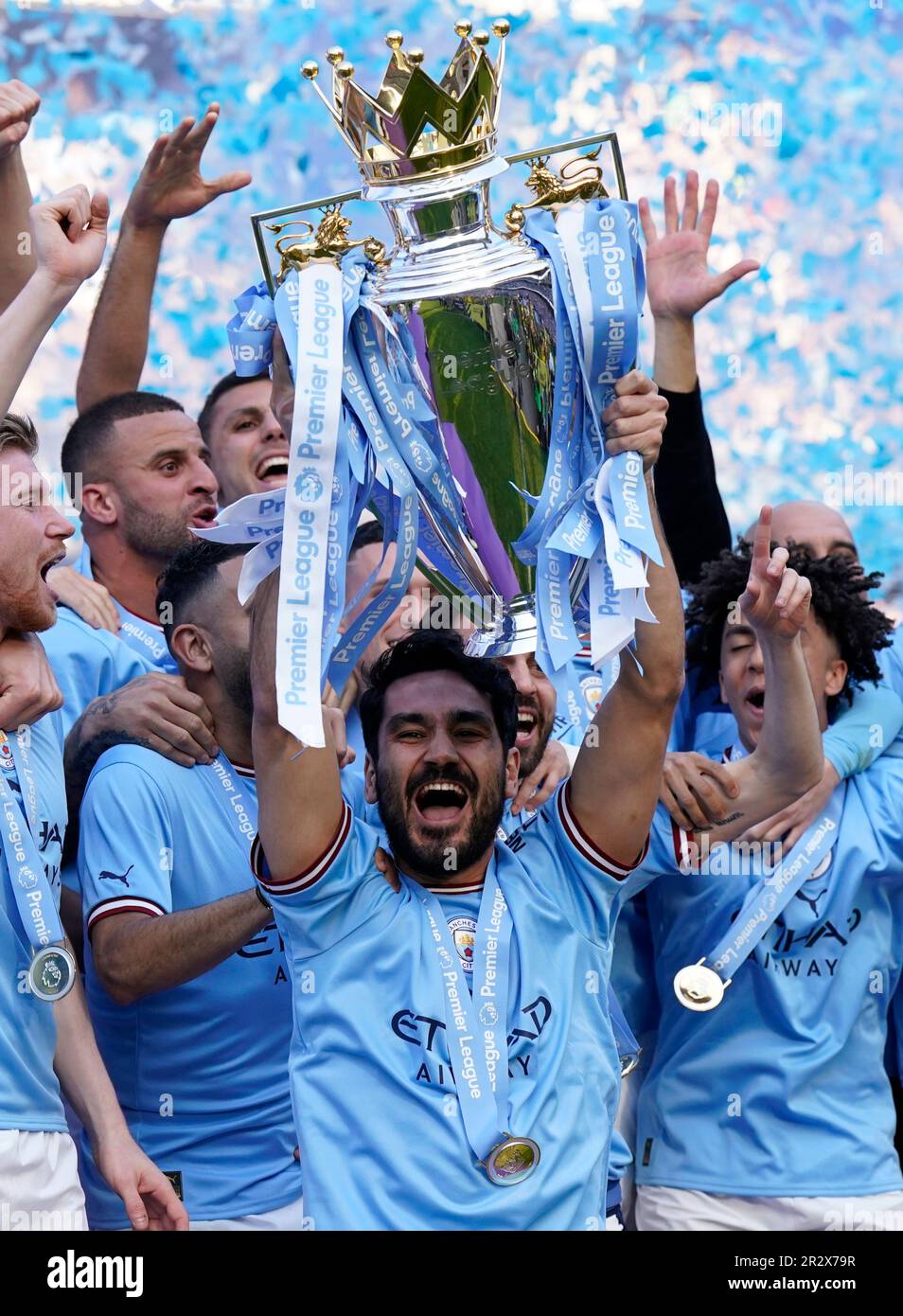 Manchester, UK. 21st May, 2023. Ilkay Gundogan of Manchester City lifts ...