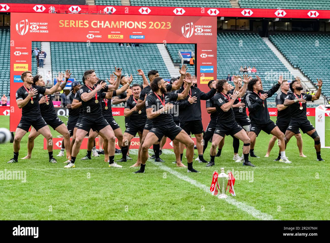 LONDON, UNITED KINGDOM. 21st, May 2023. New Zealand perform Haka dance during Fiji 7s vs New ...