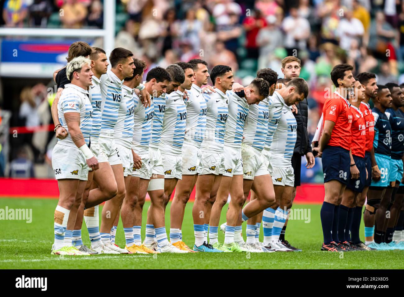 LONDON, UNITED KINGDOM. 21st, May 2023. Argentina Team lined up for National Anthem during Fiji ...