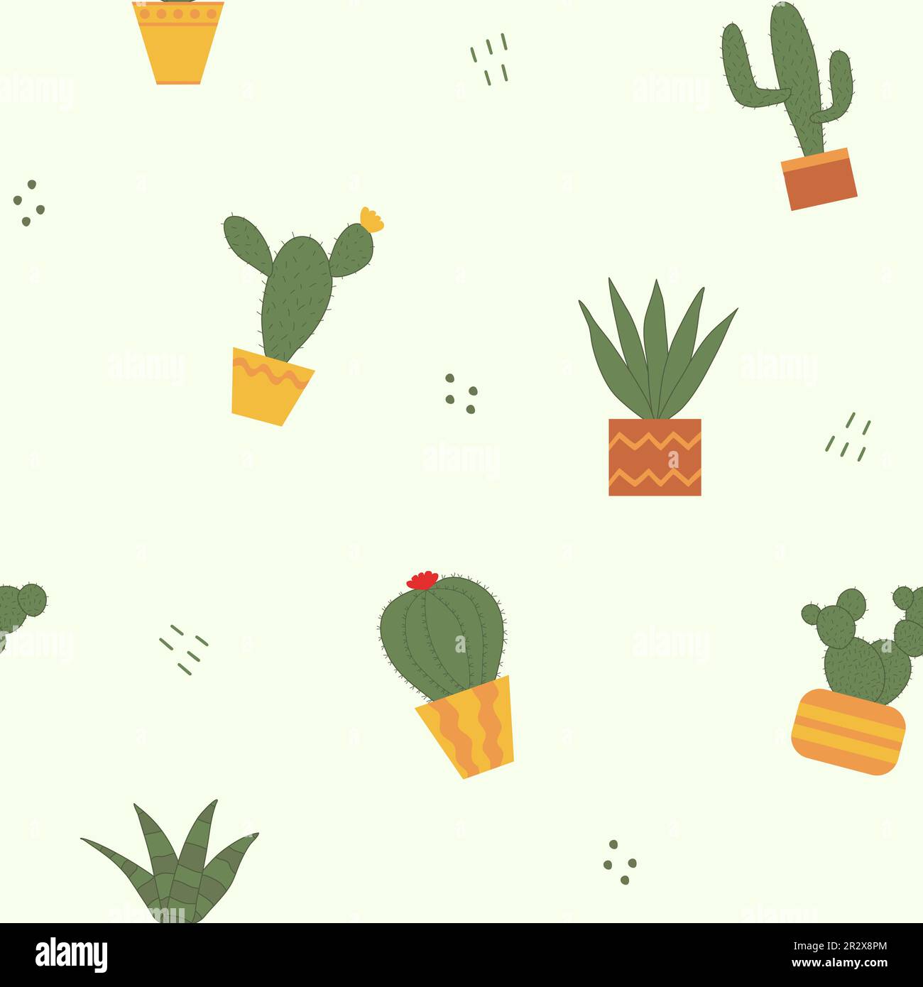 Seamless pattern with different cactus in pots, Indian fig, Saguaro ...