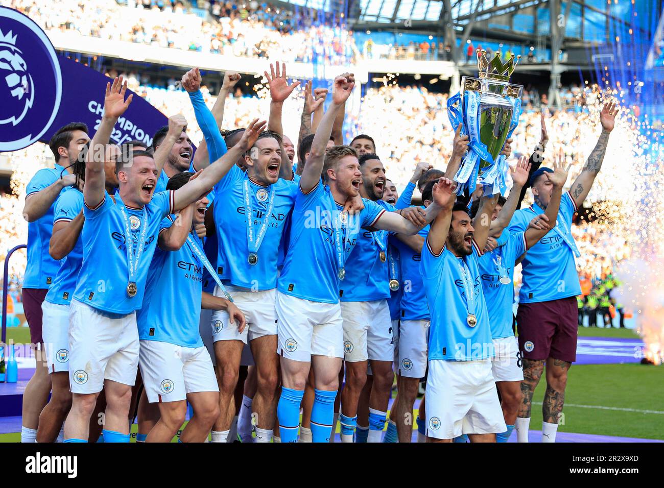 City players lift the Premier League trophy in celebration after the ...