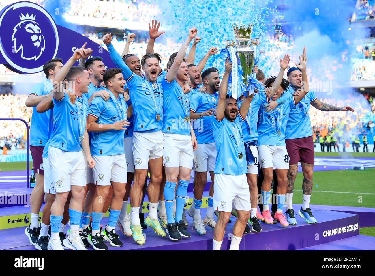 City players lift the Premier League trophy in celebration after the ...