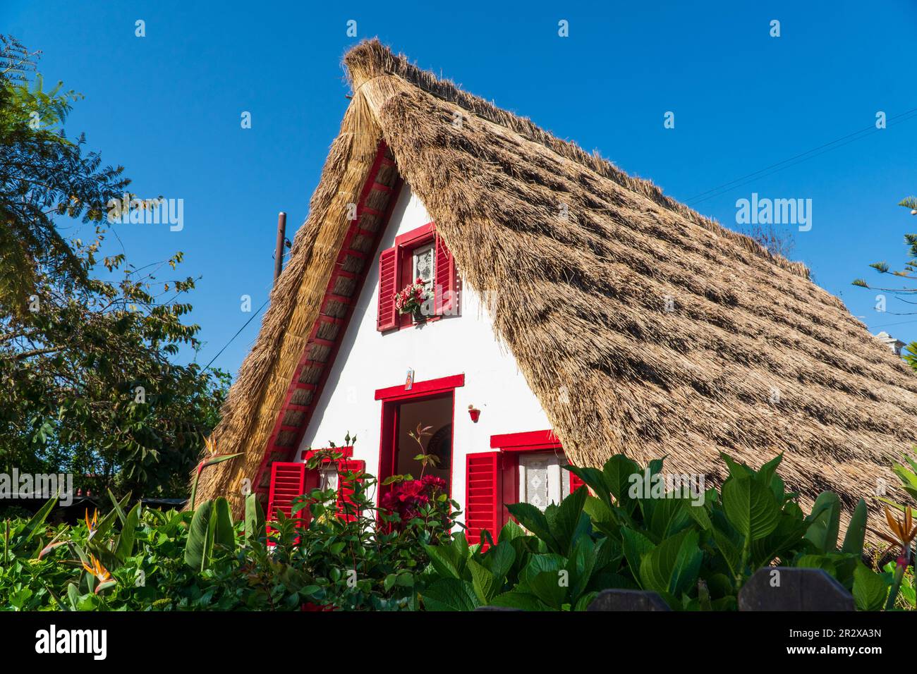 Typical triangular house in Sanatana village, Madeira, Portugal Stock ...