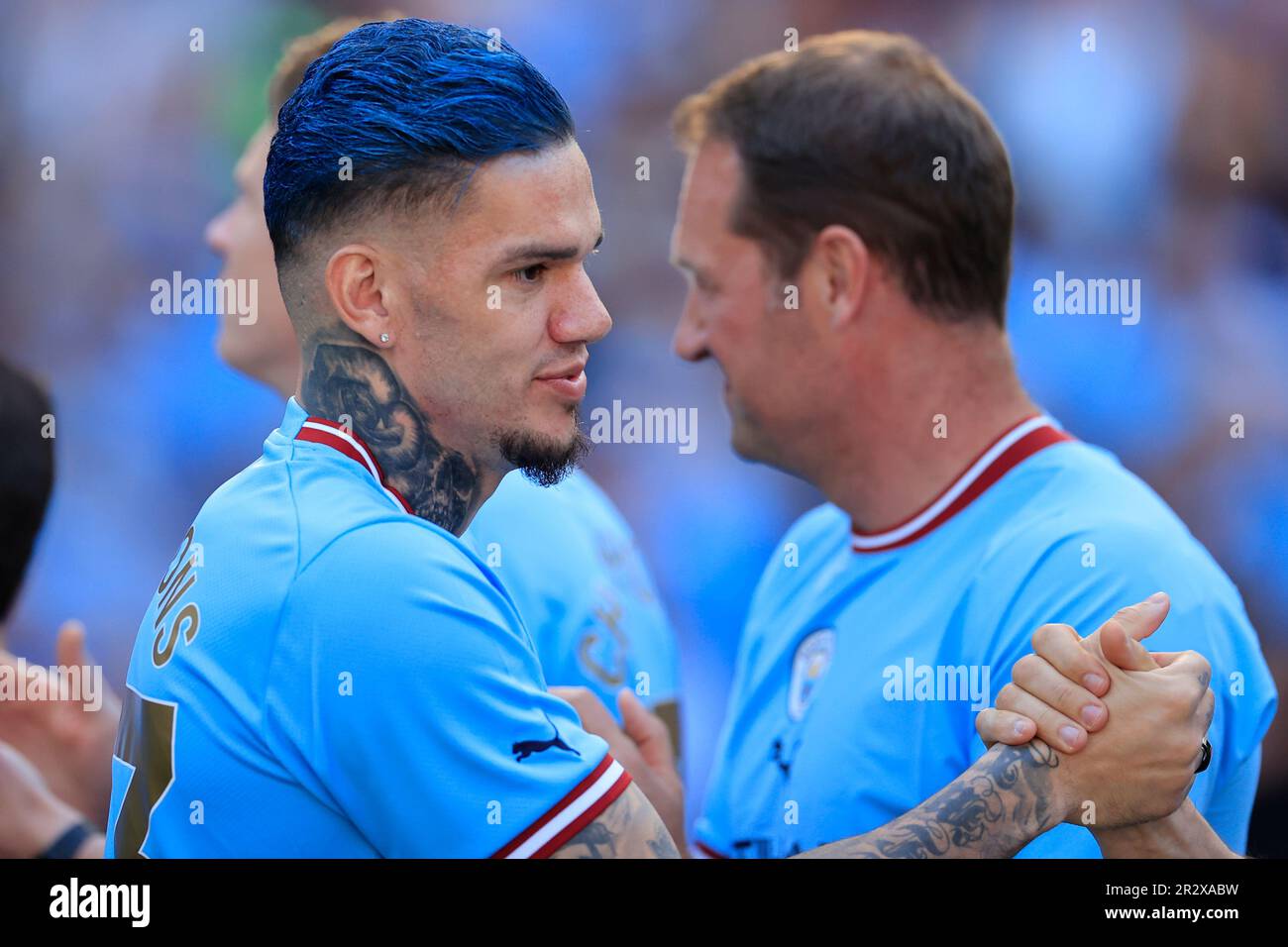 Ederson #31 of Manchester City comes out for the trophy presentation ...