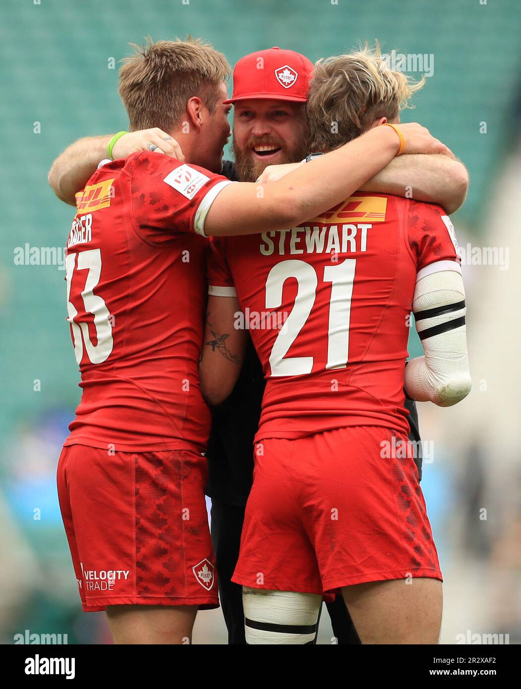 Canada coach Sebastian Pearson celebrates with Max Stewart (right) and ...