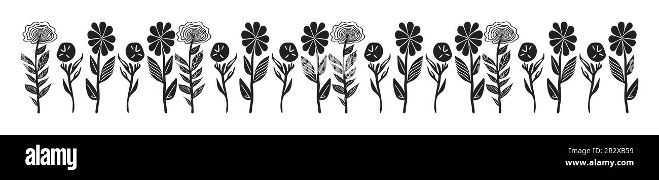 Quirky floral botanic vector border isolated on white background ...