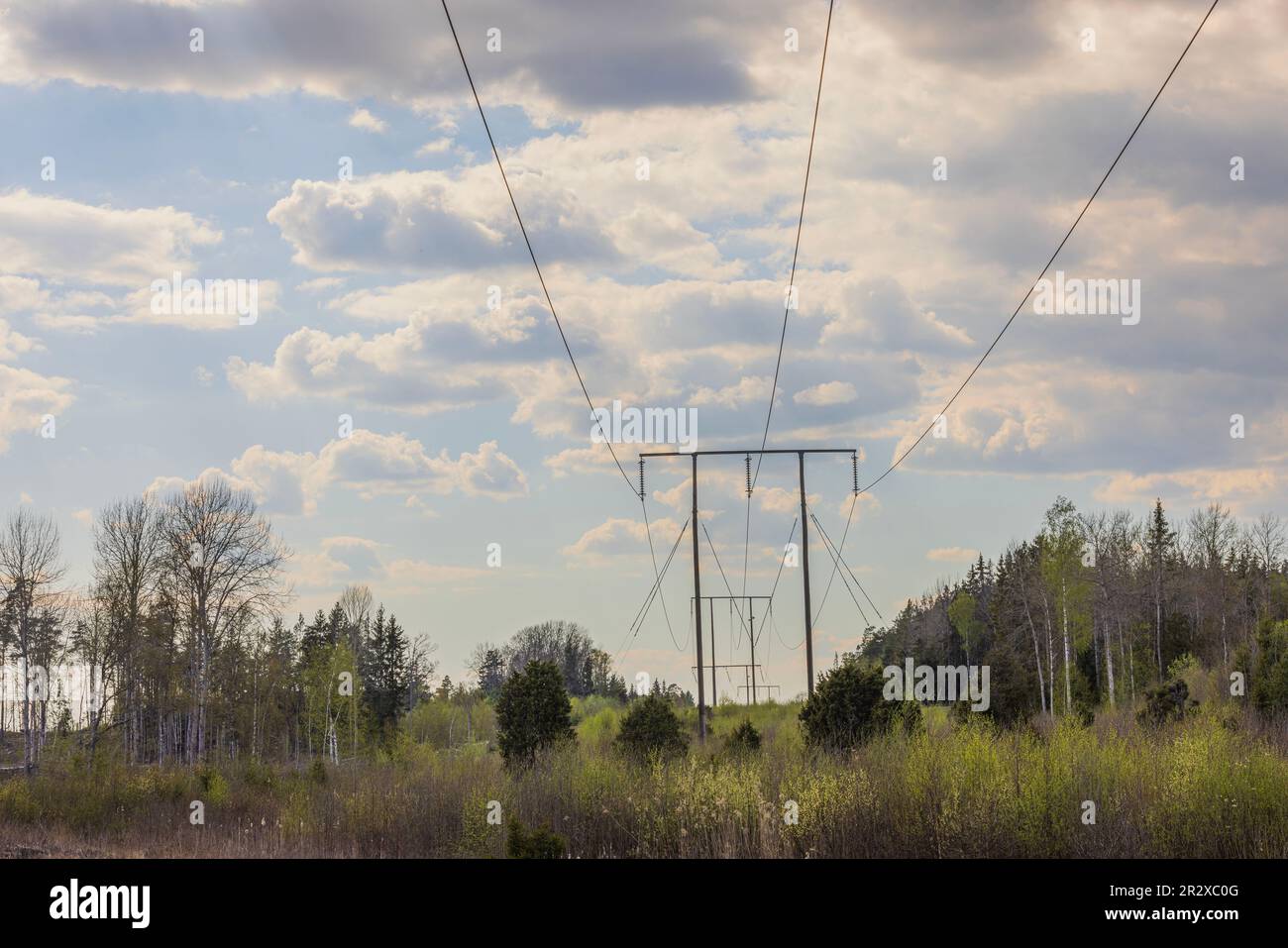 View of pillars high-voltage electric power transmission line against ...