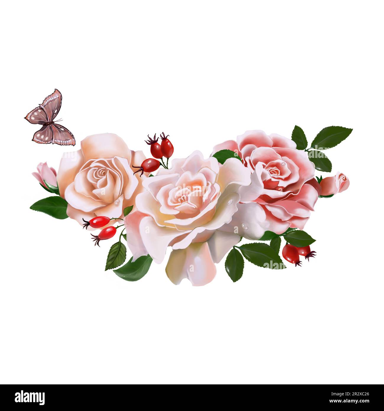 set of roses with butterflies and hummingbirds on a white background ...