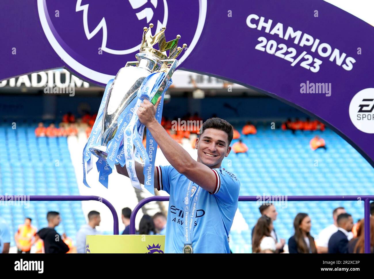 Manchester City's Julian Alvarez celebrates with the Premier League ...