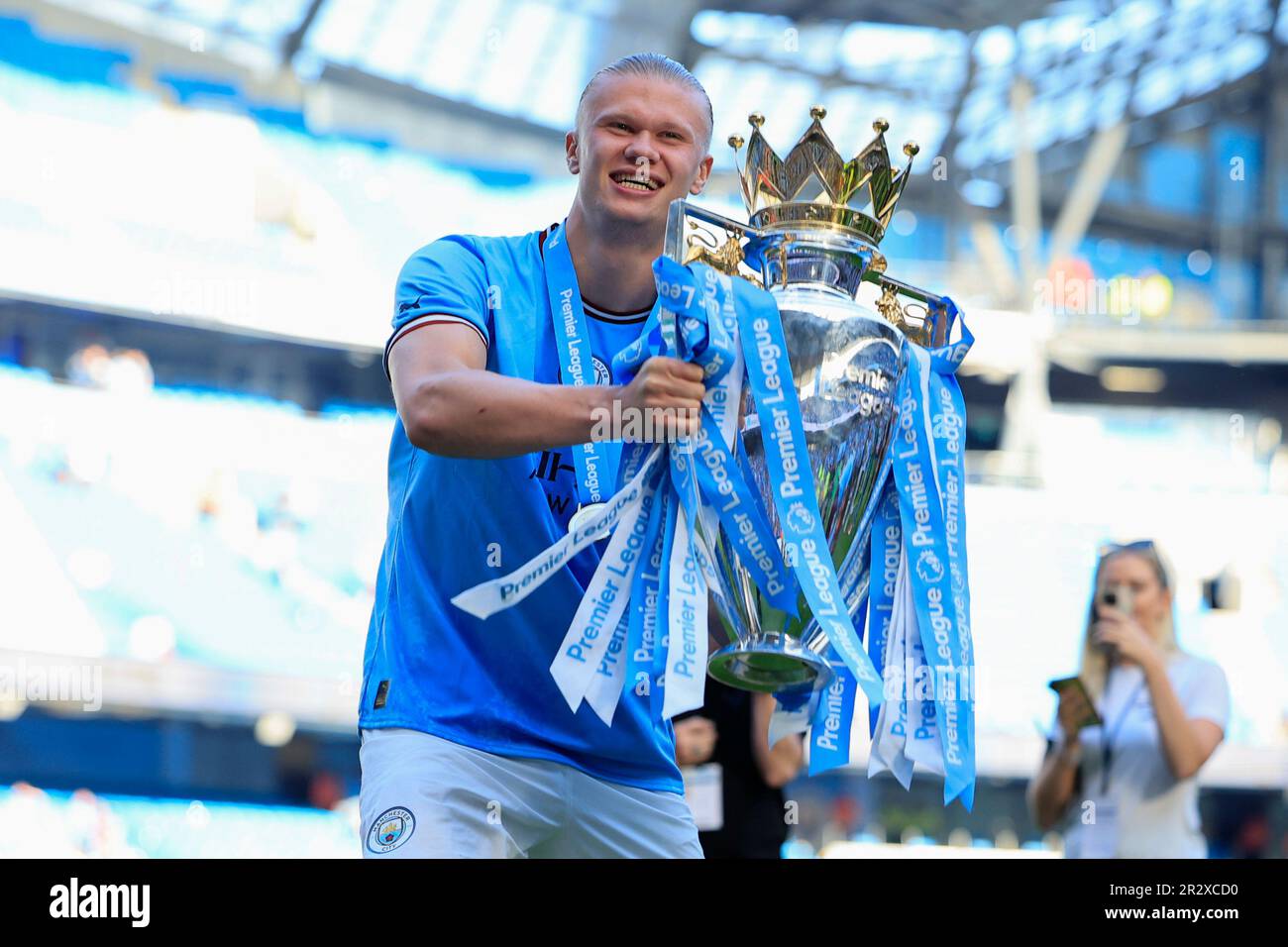 Erling Haaland #9 of Manchester City with the Premier League trophy ...