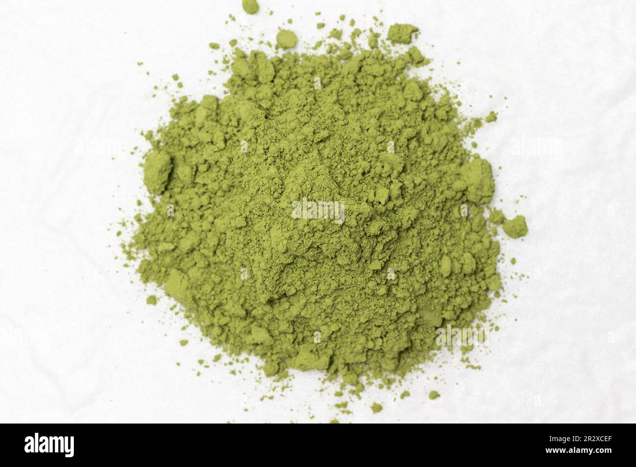 Matcha green powder for making matcha green tea. Flat lay. White ...