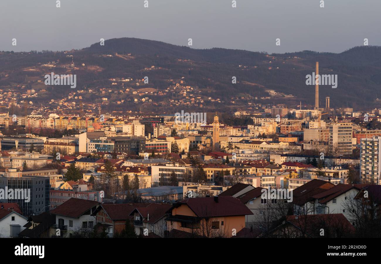 Cityscape of Banja Luka at evening, city center with church of Christ ...