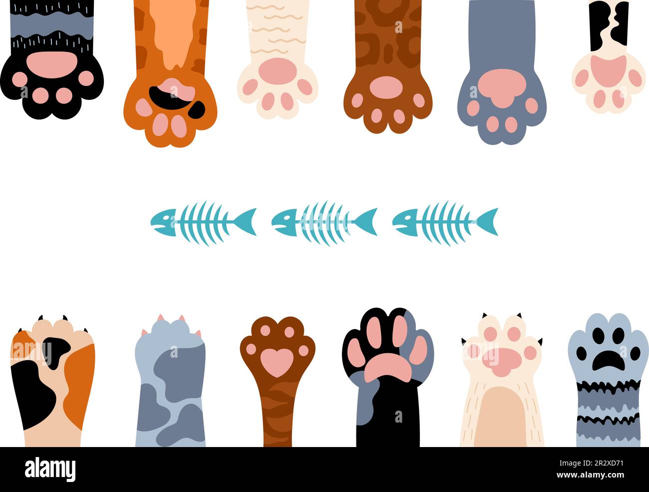 Pet paws background. Cats want fish skeleton. Different kittens foots ...