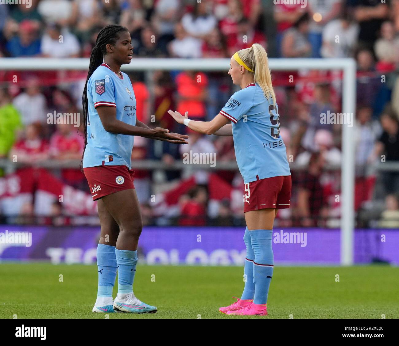 Leigh, UK. 21st May, 2023. Chloe Kelly #9 of Manchester City greets ...