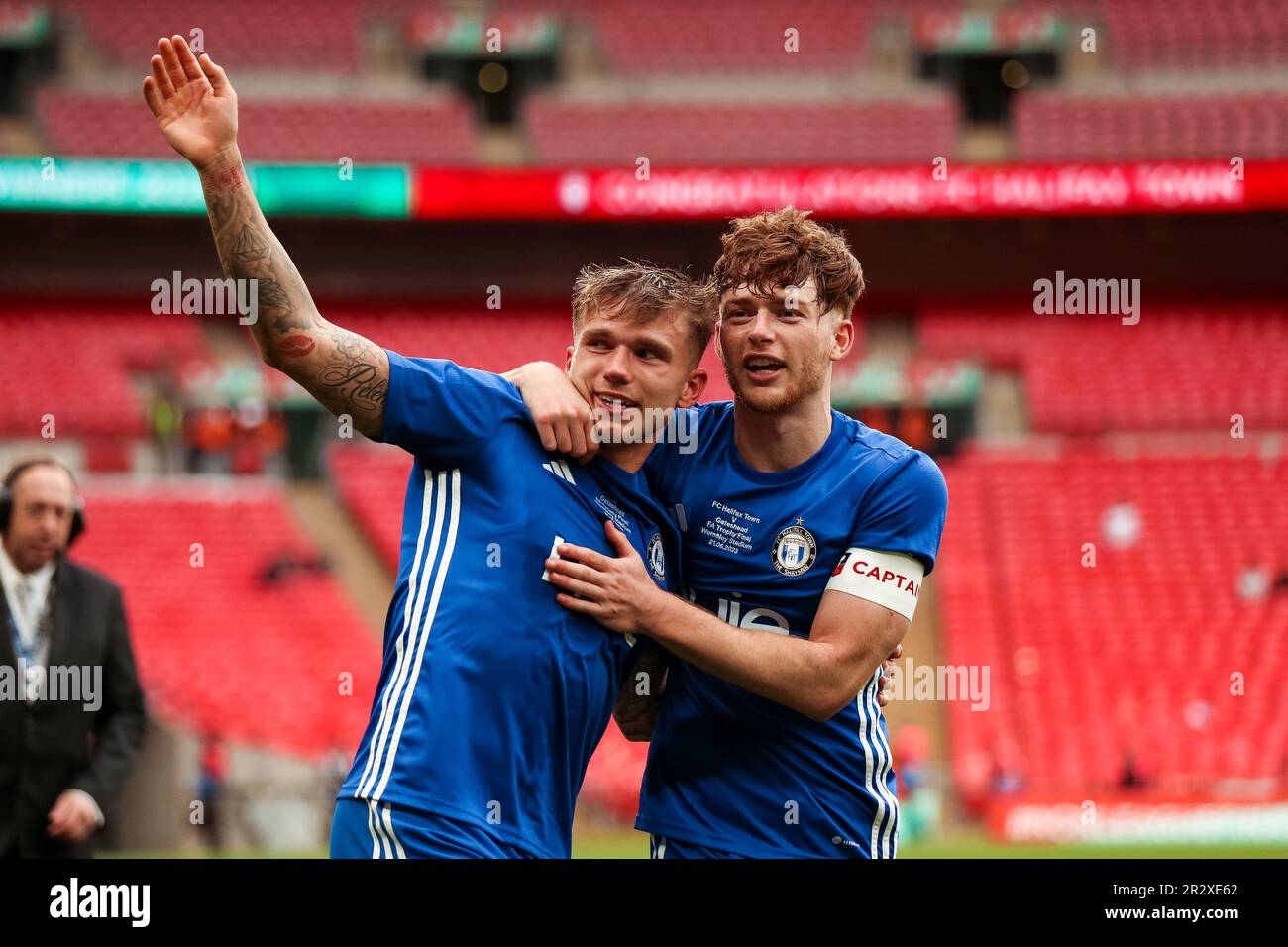 Halifax Town's Jamie Cooke and Jack Senior celebrate after the final ...