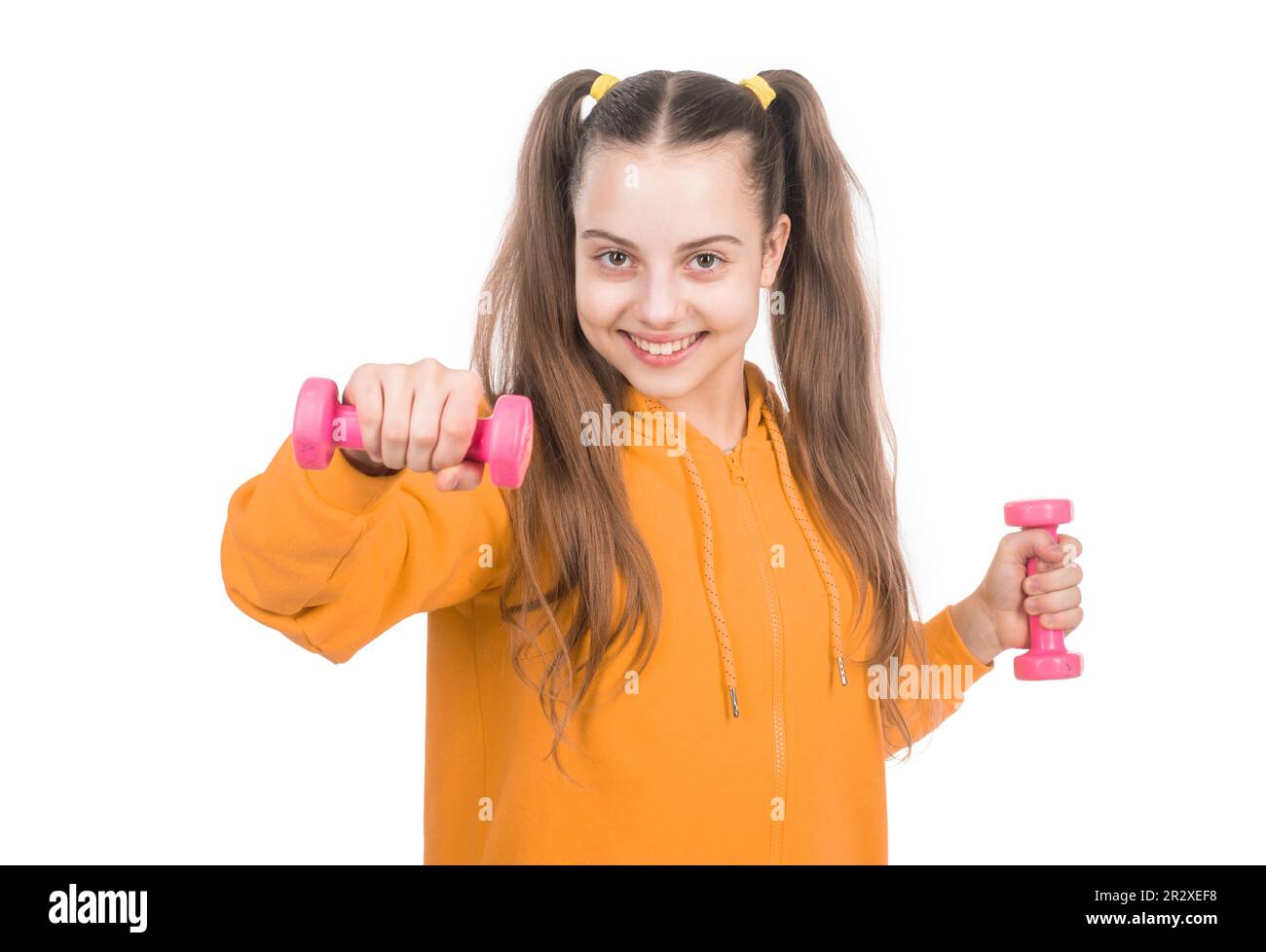 happy strong child training with barbells isolated on white, exercise ...