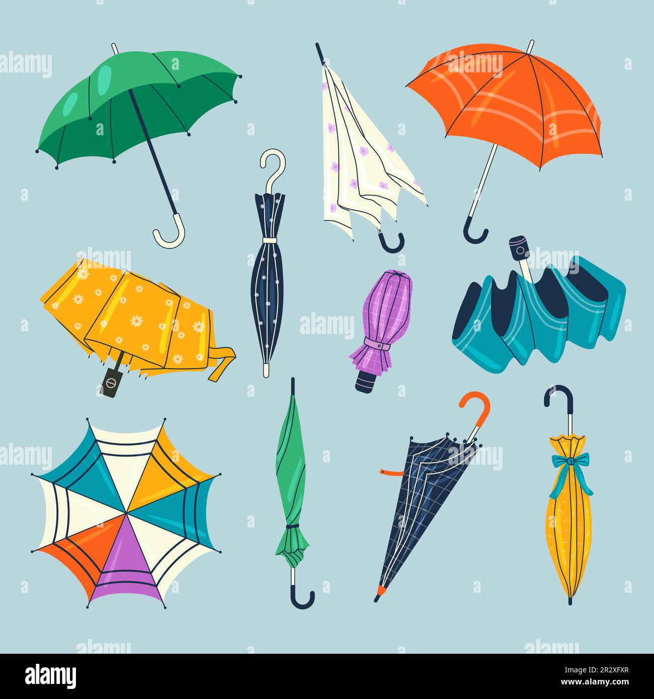 Umbrellas collection. Autumn set of different fashioned tools from rainy weather season recent ...