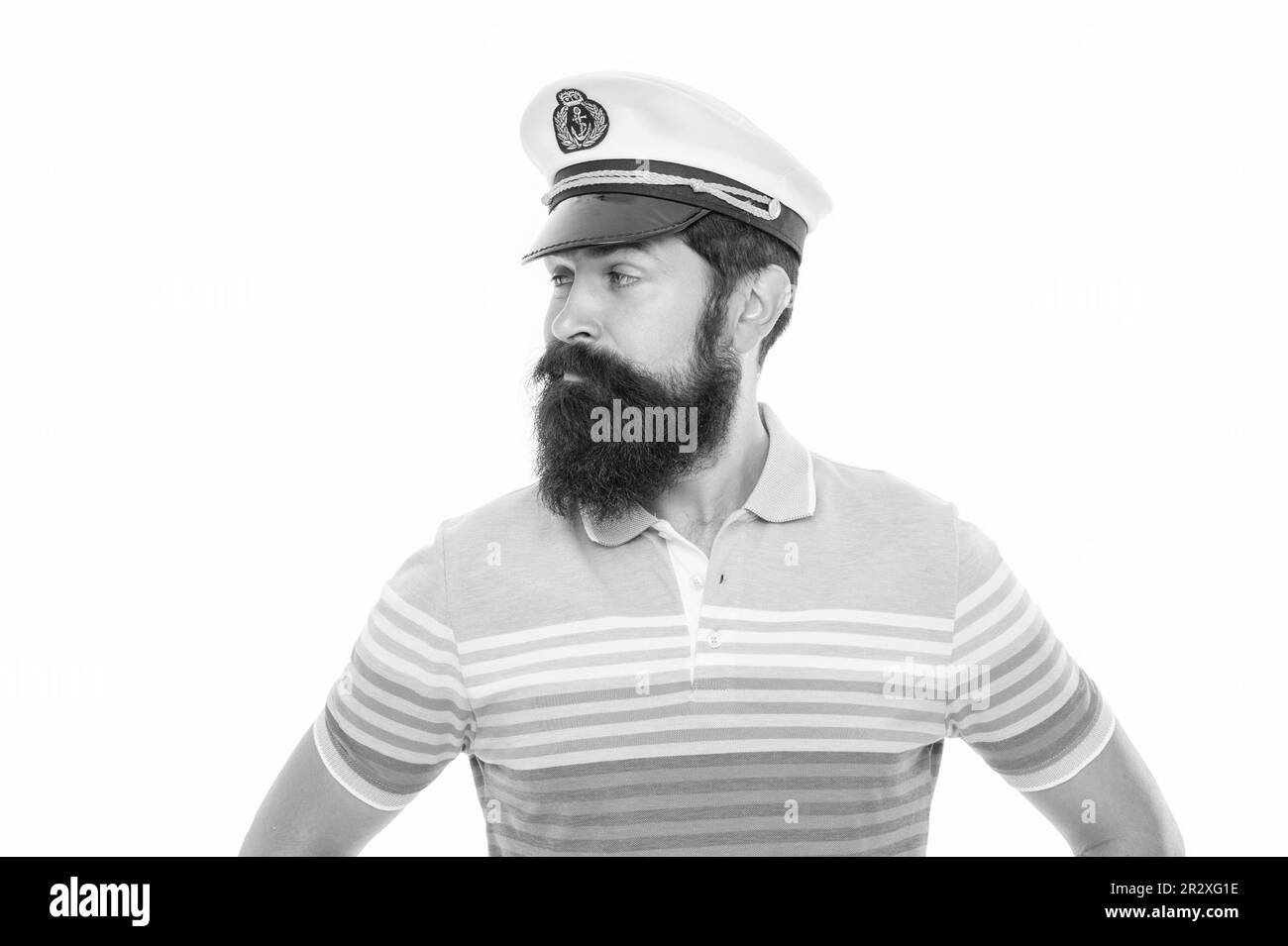 Bearded man portrait isolated on white. Bearded man wearing captain hat ...