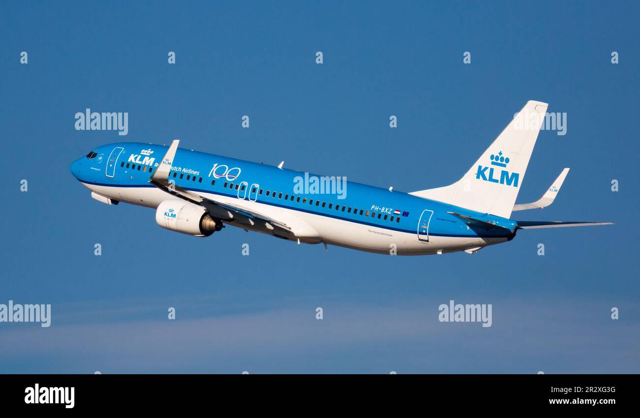 Airplane KLM Royal Dutch Airlines take off from Barcelona El Prat ...