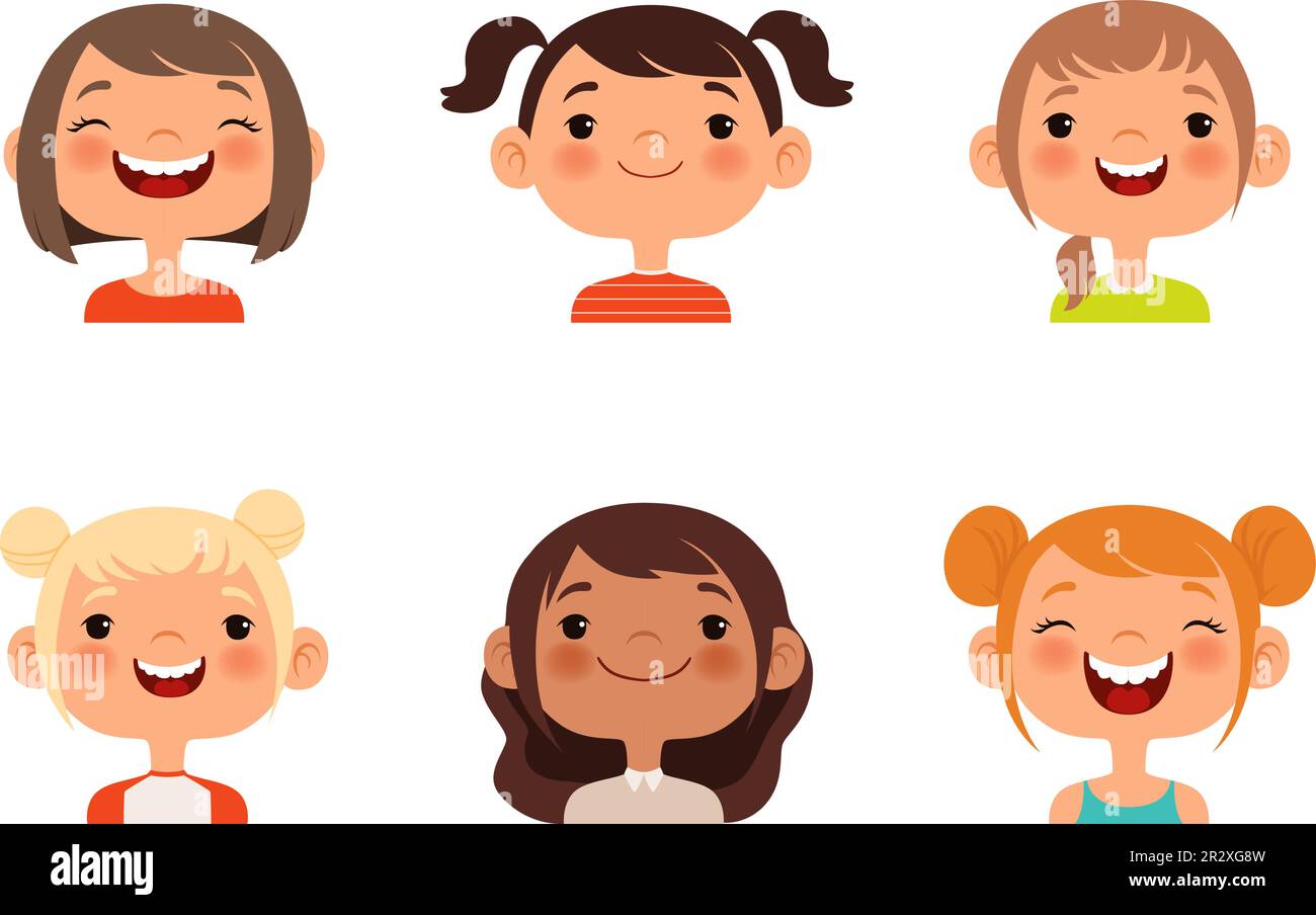 Smiling girls faces. Female children with happy smiles, women kids ...