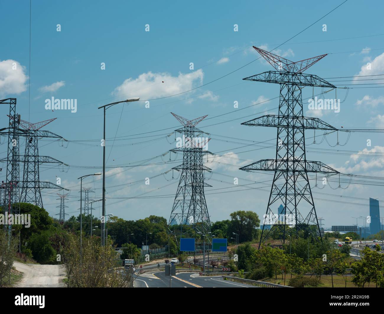 City power line. Highway and high skyscraper footage of the city Stock ...