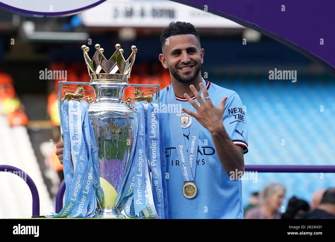 Manchester City's Riyad Mahrez celebrates with the Premier League ...