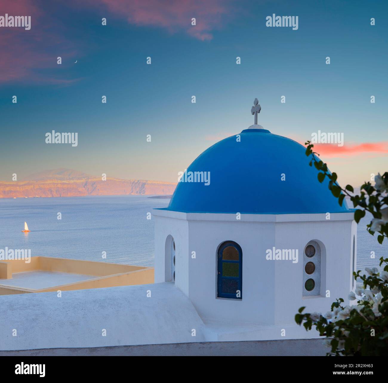 Classical Greek church architecture. Sunset view of the white church ...