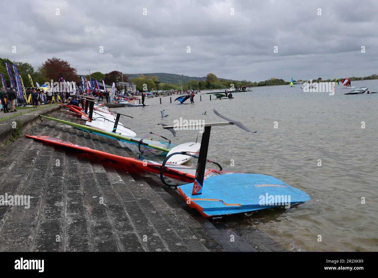May 2023 - Sail boards at the festival at Cheddar reservoir, Somerset ...