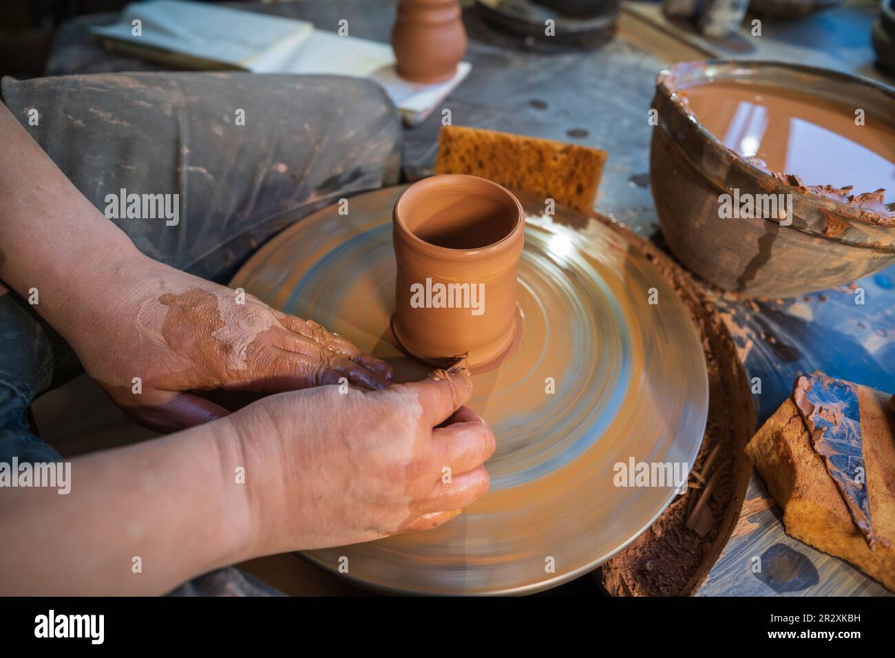 ceramics, workshop, ceramic art concept - close-up of man's hands ...