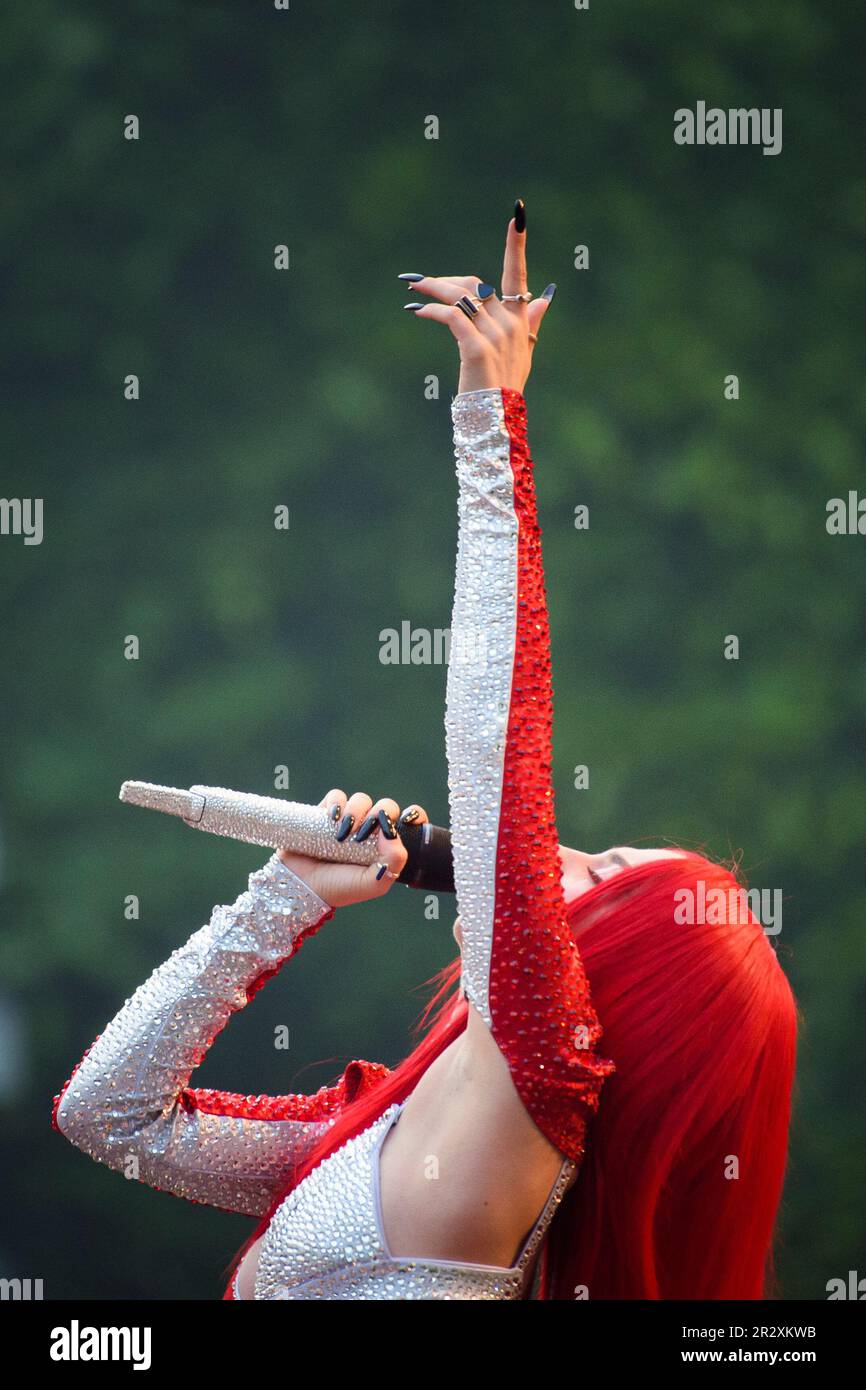 Hamburg, Germany. 21st May, 2023. Singer Ava Max sings on stage at ...