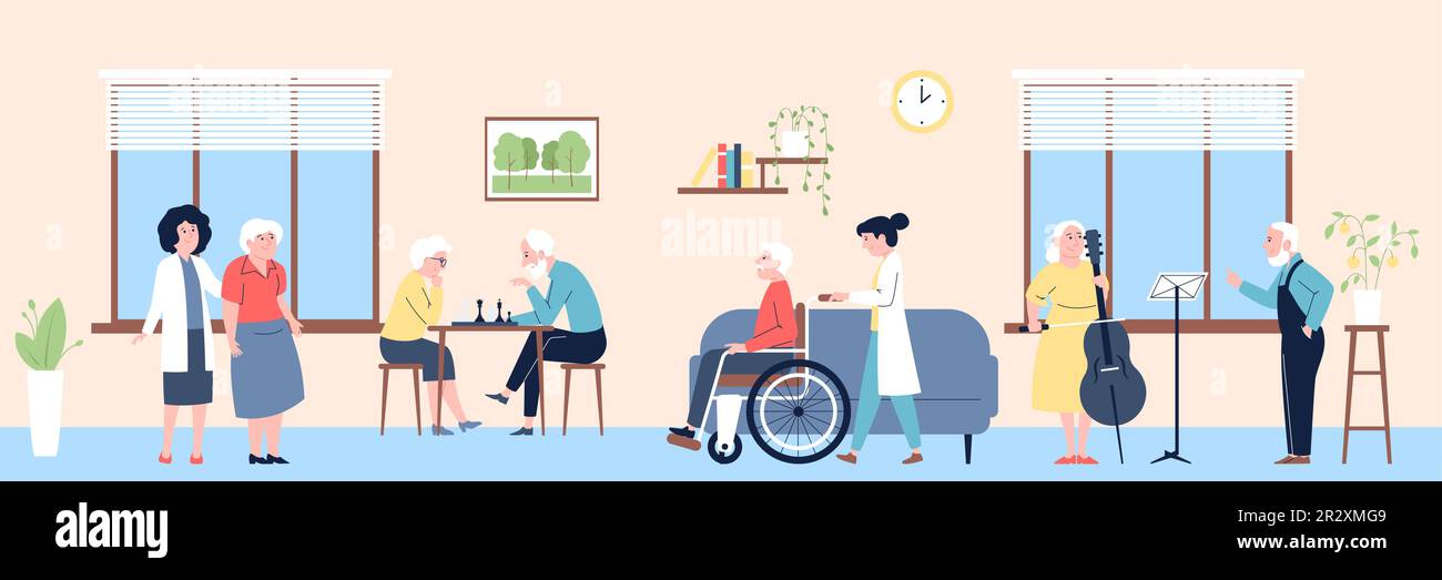 Nursing home, nurse and old person in wheelchair. Community pensioners ...