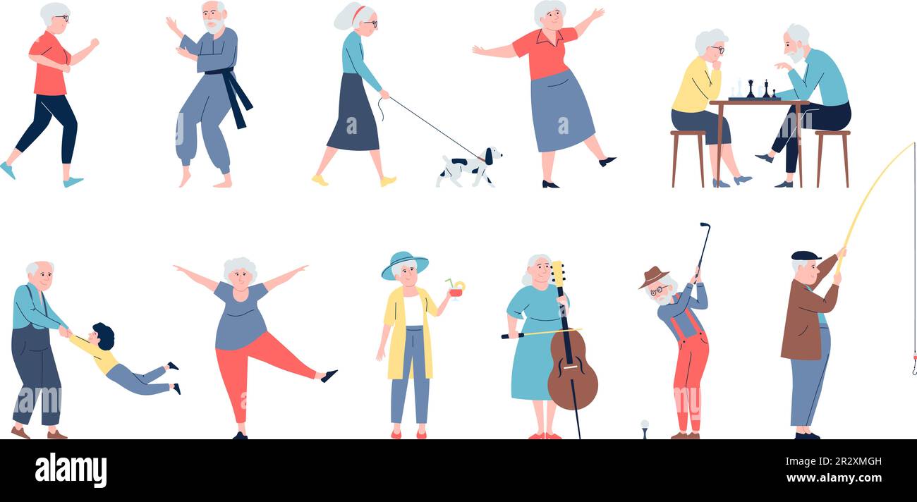Elderly happy flat characters, old seniors. Isolated modern grandma and ...