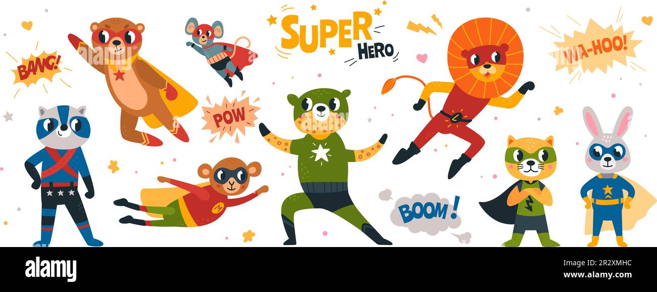 Cute cartoon baby superhero animals, child hero cticker. Isolated ...