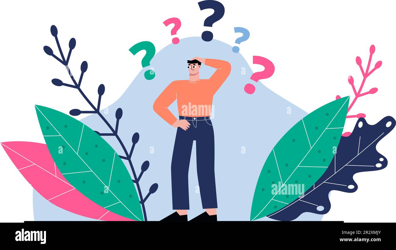 Confused Man With Question Marks Curious Thoughtful Person Doubt