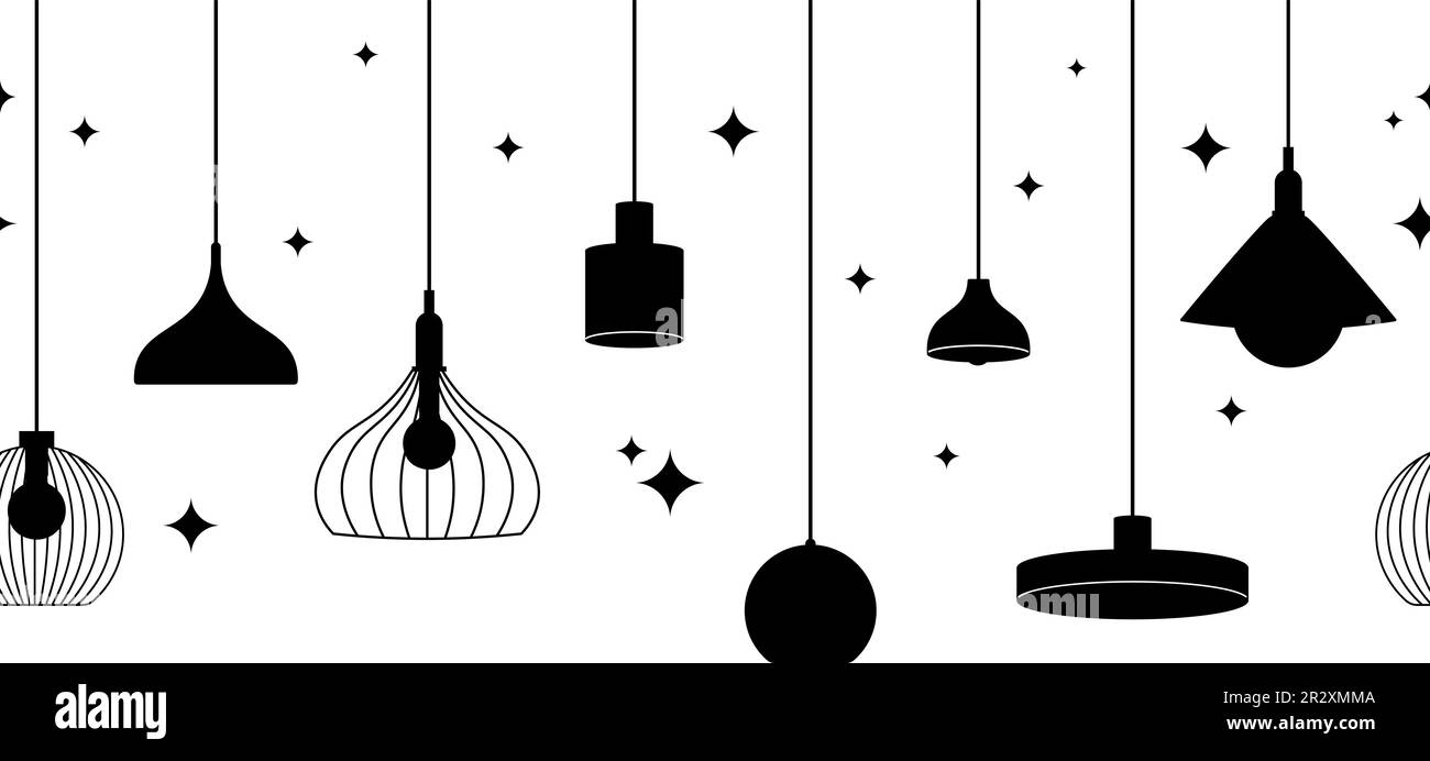 Black silhouettes lamps seamless pattern. Hanging lamp with stars ...