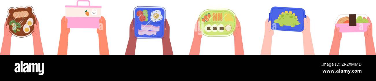 Kids holding lunch boxes, kindergarten breakfast take away. Children ...